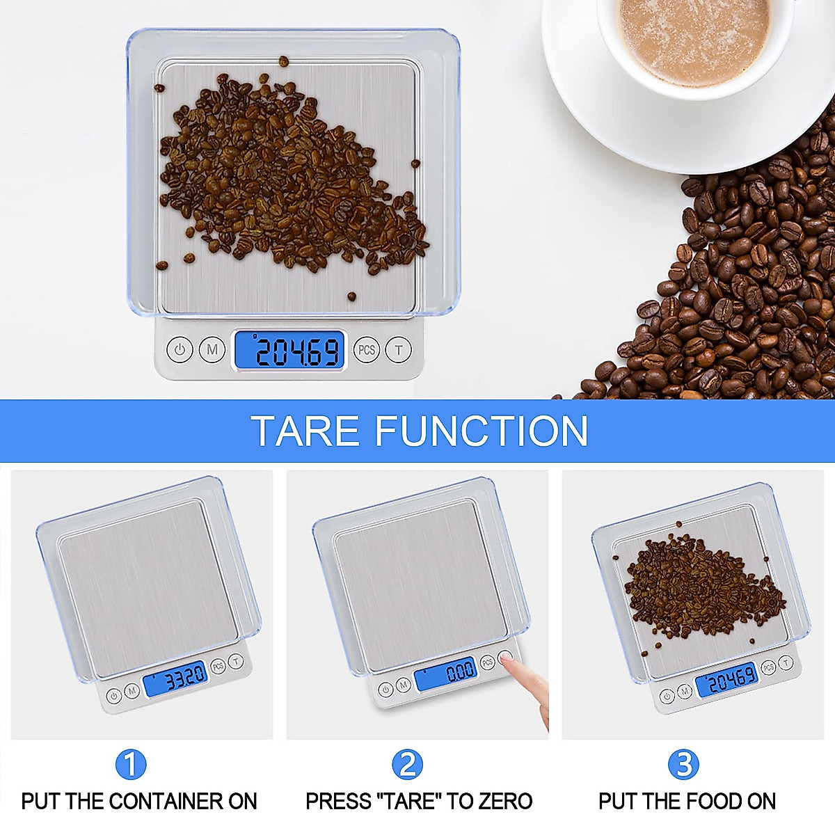 UNIWEIGH Digital Kitchen Scale, 500g/0.01g Gram Scale,Cooking Food Scale Digital Weight Grams and OZ with LCD Display, Digital Jewelry Coffee Scale with 2 Trays,Auto Off, Tare，Stainless Steel