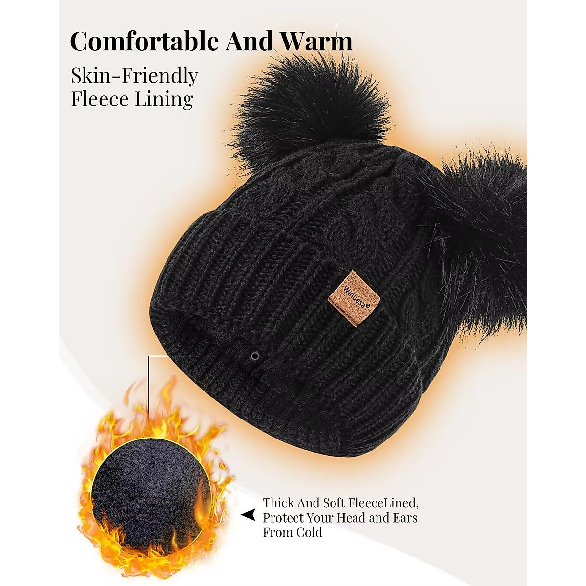 Women's Winter Hat, Glove & Scarf Set - Fleece Lined Beanie with Pom Pom, Touchscreen Gloves, Knit Scarf Neck Warmer