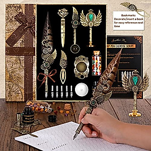 Antique Mechanical Gear Feather Pen Calligraphy Pen Set, Quill Pen Ink Set, Beginner Calligraphy Pen Quill pen, Wax Seal Stamp Kit, Calligraphy Copybook,Suitable for beginners/calligraphy lovers.