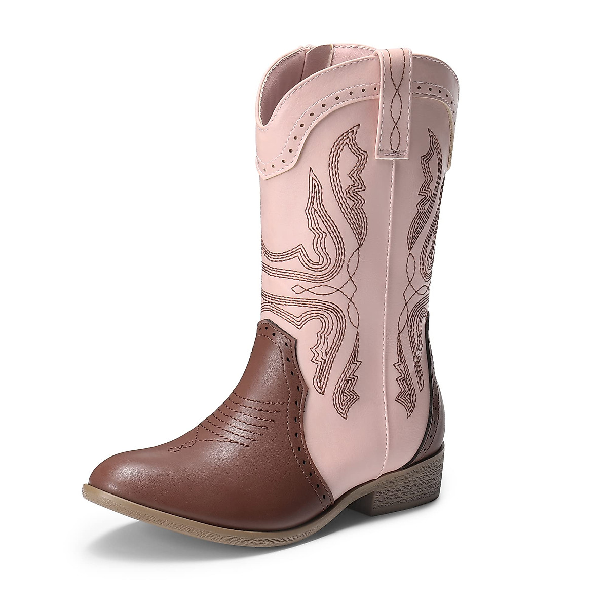 DREAM PAIRS Cowgirl Boots for Girls Boys Cowboy Boots Kids Western Embroidered Mid Calf Riding Shoes with Walking Heel Toddler/Little Kid/Big Kid,Size 9 Toddler,Pink/Brown,SDBO2222K
