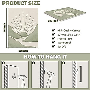 Minimalist Boho Wall Art Set of 3, Abstract Wall Art Mid-Century Modern Art Print, Sage Green Neutral Geometric Canvas Artwork Posters for Living Room, Bedroom, Bathroom, Gallery, Boho Room Decor 12"x16", Framed