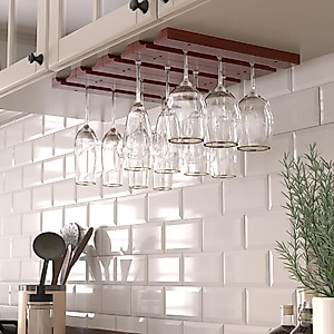 Rustic State 4 Sectional Adjustable Wood Under Cabinet Wine Glass Holder Wine Glass Rack Hanging Shelf Stemware Glassware Bar Organizer - 12 Wine Glass Storage - 11 Inch Deep - Mahogany