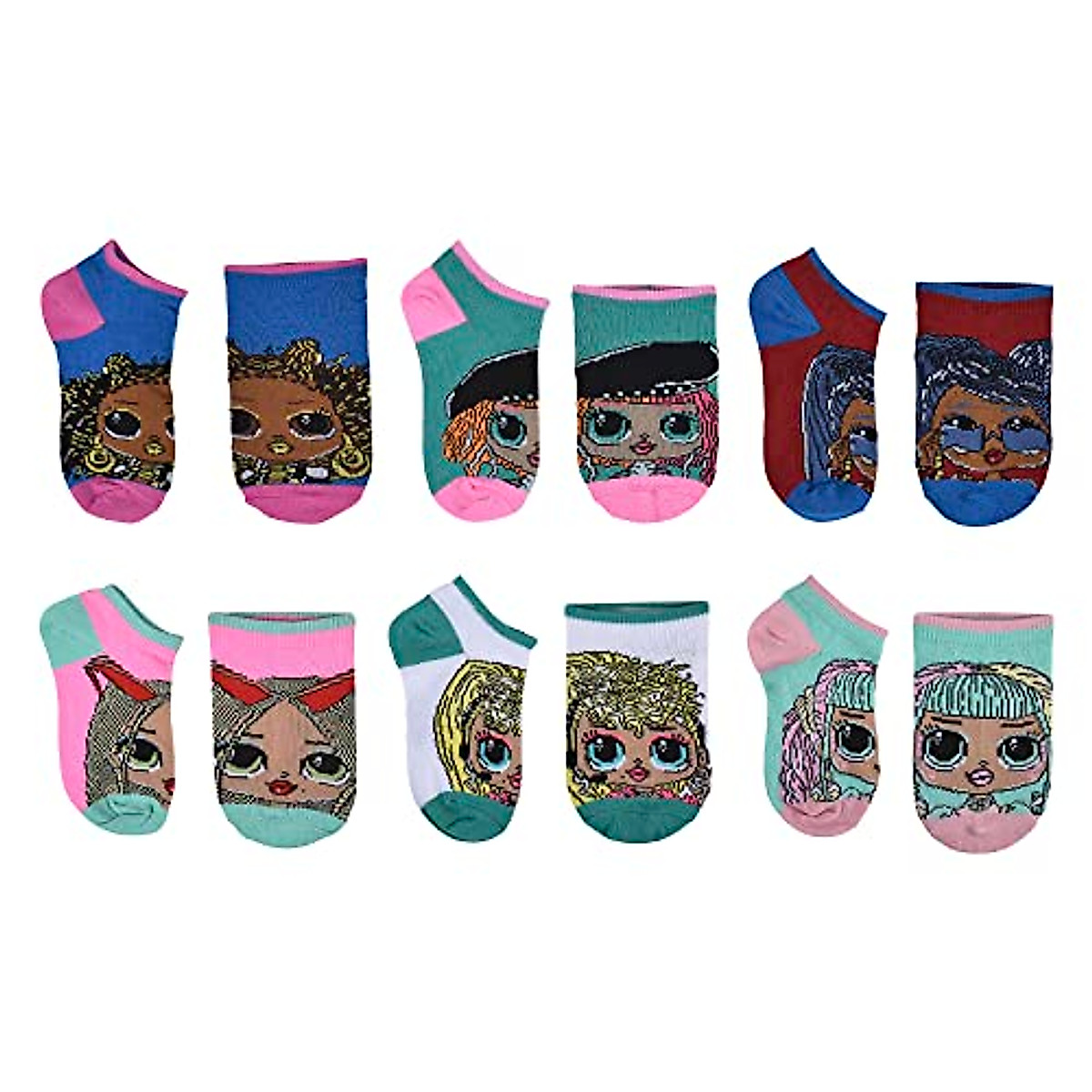L.O.L. Surprise! Girl's 6-Pack OMG Check it Out No Show Socks, Blue, 6-8