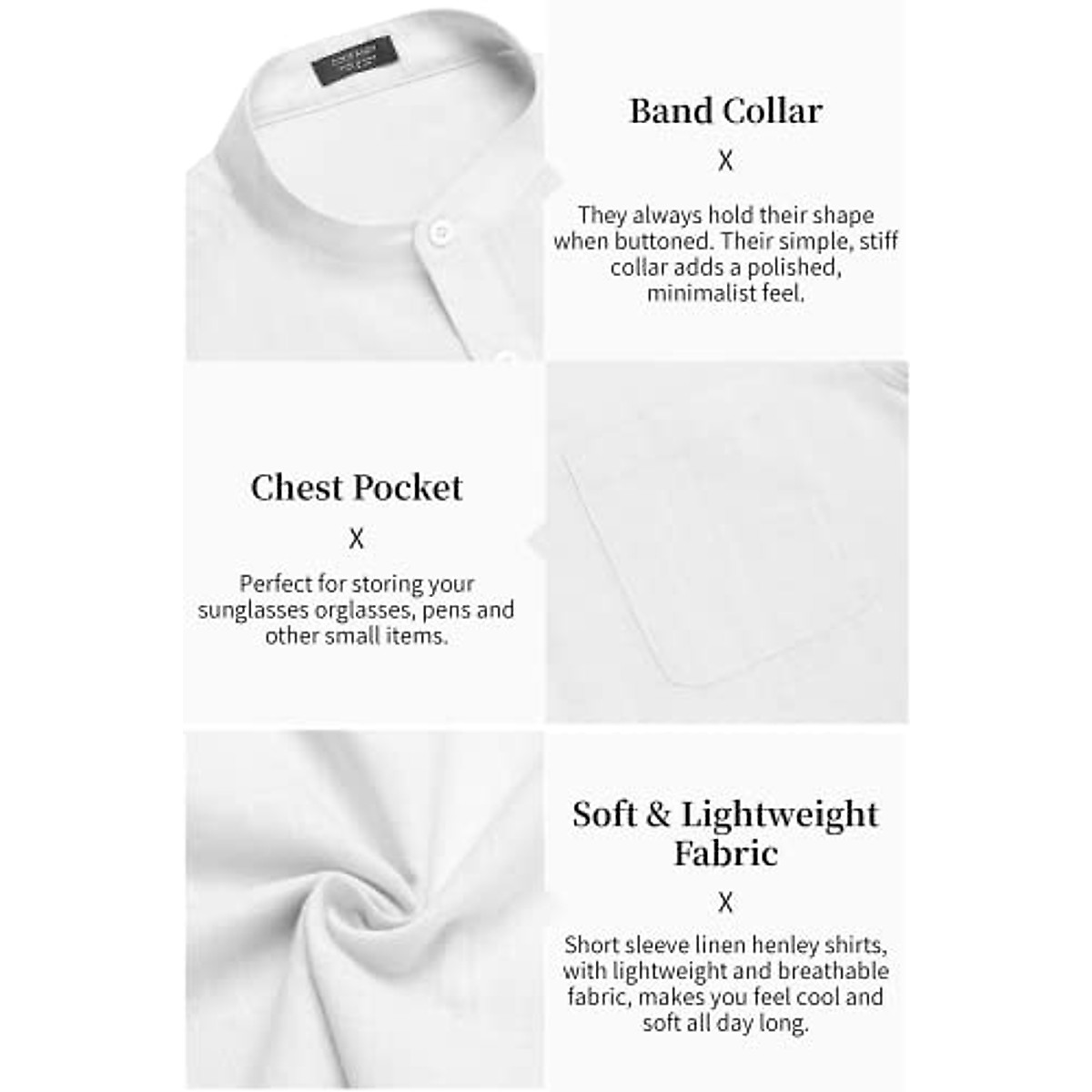 COOFANDY Mens Cotton Linen Henley Hippie Casual Beach T Shirt with Pocket, 01-White, X-Large, Short Sleeve