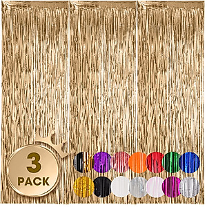 Voircoloria 3 Pack 3.3x8.2 Feet Champagne Foil Fringe Backdrop Curtains, Tinsel Streamers Birthday Party Decorations, Fringe Backdrop for Graduation, Baby Shower, Gender Reveal, Disco Party