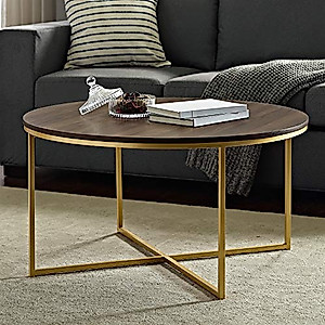 Walker Edison Cora Modern Round Faux Marble Top Coffee Table with X Base, 36 Inch, Walnut and Gold
