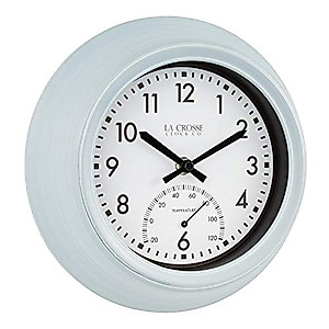 La Crosse Clock T82110 9" Indoor/Outdoor Light Blue Distressed Analog Clock with Thermometer