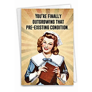 NobleWorks - 1 Funny Happy Birthday Greeting Card - Retro Woman Humor, Notecard Talk Bubbles - Pre-Existing Condition C9364BDG