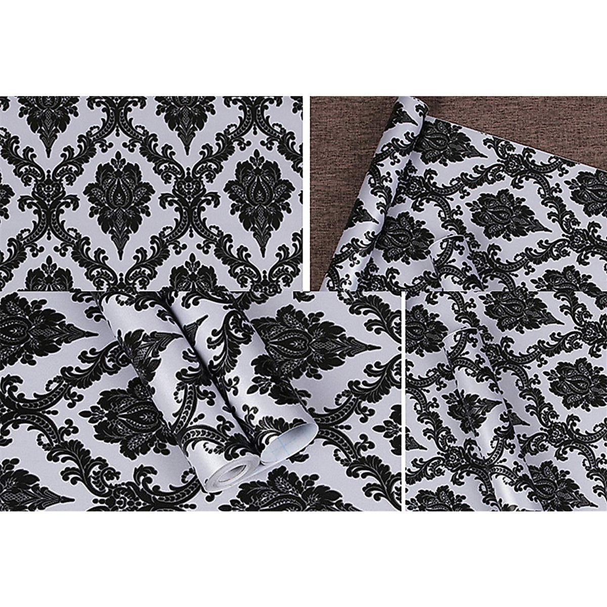 REDODECO Vintage Black Damask Adhesive Paper Shelf Liner Peel & Stick Dresser Drawer Sticker Home Deco Wallpaper 17.7inch by 100inch