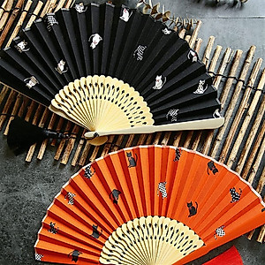 Bamboo Cat Printed Folding Fan, 7.9in Cotton Fabric Folded Fan with Simulated Crystal Pendant, for Women and Men (Color : Black, Size : 7.9")
