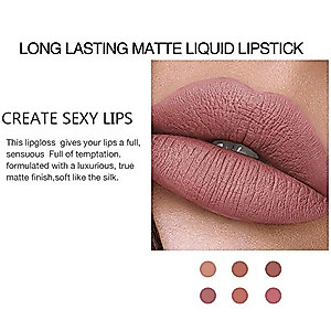 BONNIE CHOICE 6Pcs Nude Matte Liquid Lipstick Set, Waterproof Long Lasting Non-Stick Cup Nude Lipstick 24 Hour Not Fade Matte Lipstick Professional Lip Gloss Makeup Mother's Day Gift Sets for Women