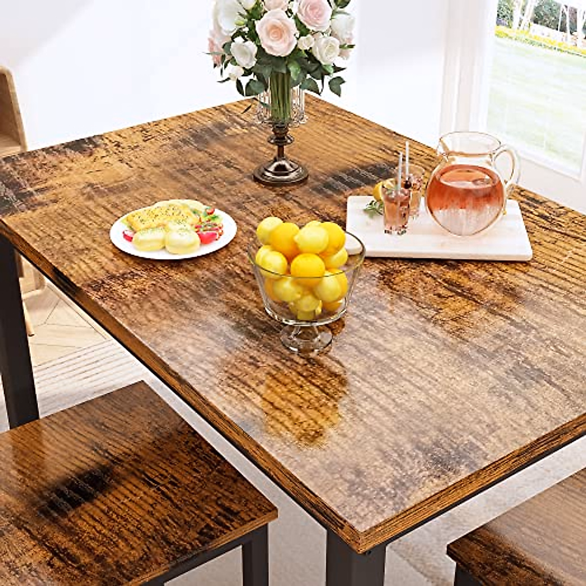 Recaceik 3 Piece Chairs for 2, Modern Wood Room, Small Dining Breakfast Table Set with 2 Stools & Metal Frame for Kitchen, 35 Inch, Brown