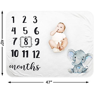 Baby Monthly Milestone Blanket - Organic Plush Fleece Photography Background Prop for Boy Girl Newborn Soft Elephant Blanket with Frame Large 47''x40''