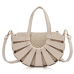 QTKJ Hand-woven Cute Women Summer Beach Semi-circle Rattan Straw Handbags, Splicing Shoulder Bag Cross body Straw Bag with Leather Shoulder Strap (Beige)