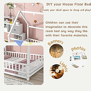 Full Size House Floor Bed Wooden Montessori Bed with Fence and Roof for Kids Playhouse Style Bed Frame for Girls Boys Teens, White
