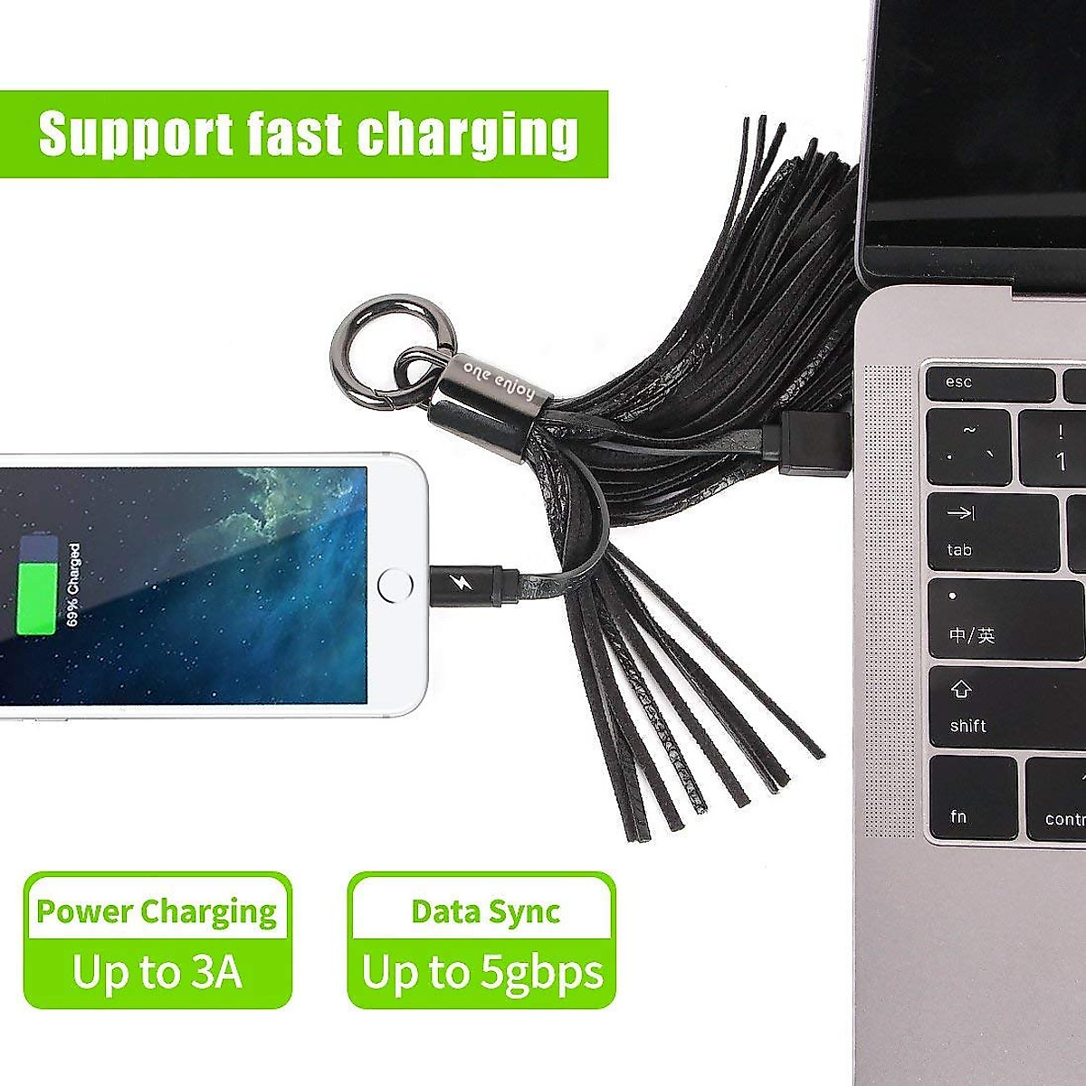 Lightning USB Leather Tassel Key Chain iPhone Charger, Compatible Cable with 7-Inch 2.4 Amp ChargeSync Cable for iPhone, iPad (Black)