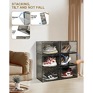 EOENVIVS Shoe Storage Boxes Large Shoe Boxes Fit Size 13, 6 Pack Clear Plastic Shoe Organizer with Stackable Design and Magnetic Door, Space Saving Shoe Containers for Boots and Sneakers, Grey