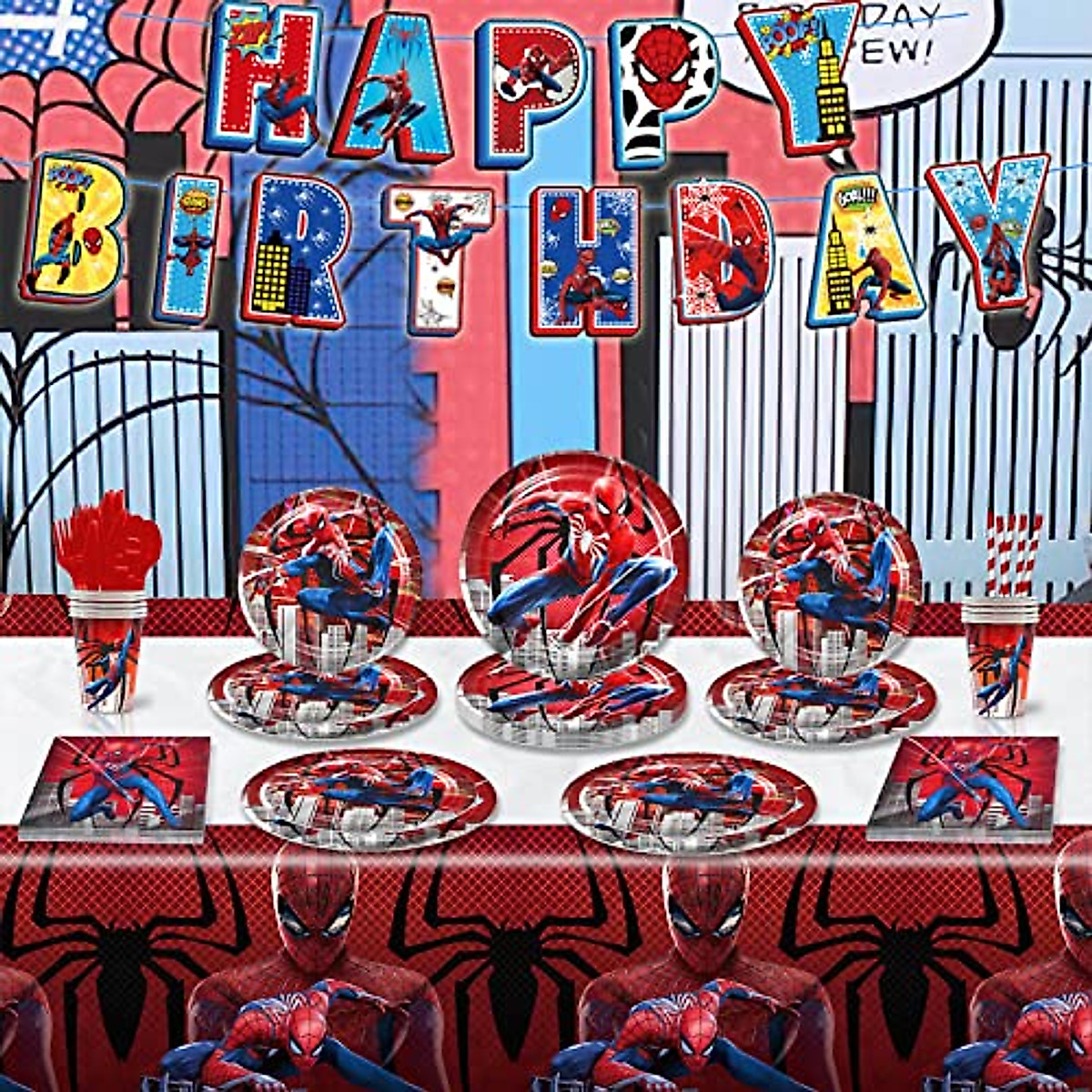 Spider Party Supplies Superhero Birthday Set, Including Plate, Napkin, Cup, Knife Fork, Spoon, Tablecloth、Straws and Pull flags， Spider Birthday Decorations For Boys and Girls