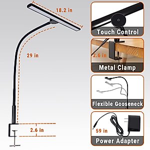 Frkaiuza LED Desk Lamp, Architect Desk Lamps for Home Office, Eye-Caring Clamp Lamp with Gooseneck,18W LED 3 Modes 6 Brightness, Modern Desk Light for Monitor Studio Reading, Remote and Touch Control