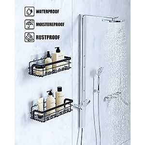 Black Shower Caddy, 4 Packs Self Adhesive Shower Shelves, Bathroom Shower Organizer with 8 hooks, No Drilling Rustproof Stainless Steel Shower Shelf for Inside Shower Wall