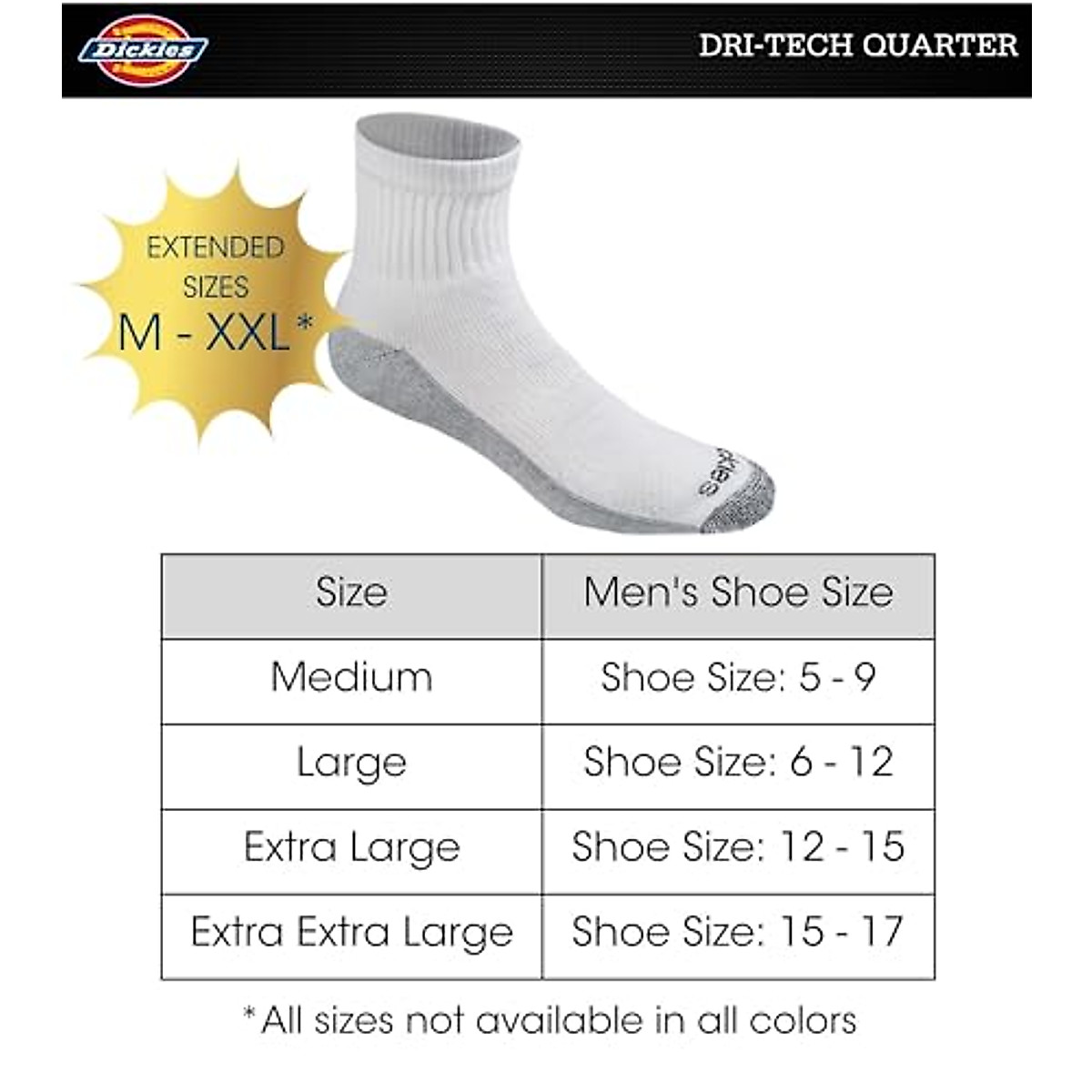Dickies Men's Big & Tall Dri-Tech Moisture Control Quarter Socks, Available in M-XXL (6, 18, White (12 Pairs), XX-Large