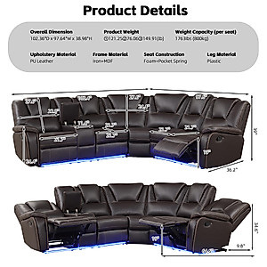 Yoglad Sectional Sofa with Recliner Manual Reclining Sectional Sofa with LED Lights Faux Leather Couch with Center Console/Cup Holders for Living Room, Home Theater, Black 102.4" Dx 97.6" W