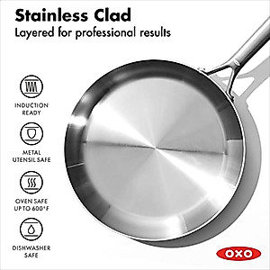OXO Mira Tri-Ply Stainless Steel, 12" Frying Pan Skillet, Induction, Multi Clad, Dishwasher and Metal Utensil Safe