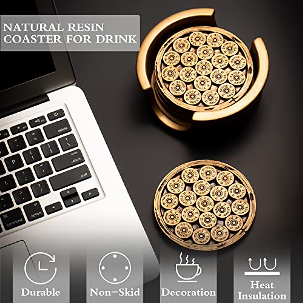 Gifts for Men or Women, 12 Gauge Shell Creative Coasters for Drinks, Coasters with Holder for Coffee Table, Wooden Table, Outdoor, Living Room, Kitchen, Rustic Bar Decorations