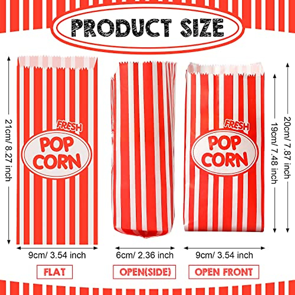 500 Pcs Paper Popcorn Holders, 1 oz Red and White Striped Popcorn Bags Flat Bottom Popcorn Supplies for Carnival Baseball Party Movie Theater Concession Stands Snack Bar, 3.54 x 2.36 x 8.27 Inches