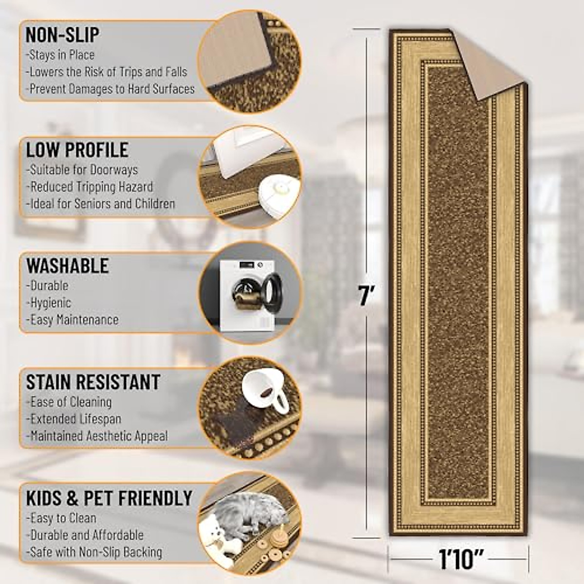 Ottomanson Ottohome Non-Slip Rubberback Bordered Design 2x7 Indoor Runner Rug, 1'10" x 7', Brown