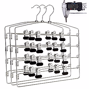3 Quality Multi Pants Hangers, Space-Saving Multi-Bar Metal Pants Hangers, Stable with Non-Slip Foam Padding, Swivel Hook for 5 Jeans Each, Suit Pants, Scarves, Towels, Trousers (Skirt, 3)