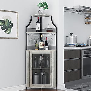 GAOMON Corner Wine Bar Rack Cabinet with Detachable Wine Rack, Bar Cabinet with Glass Holder, Small Sideboard and Buffet Cabinet with Mesh Door (Grey)