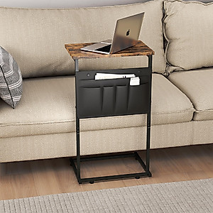 ZERDER C Shaped End Table, Small Side Table with Storage Bag for Couch, Sofa Table with Metal Frame for Living Room and Bedroom Bedside, Rustic Brown ZER-007Br