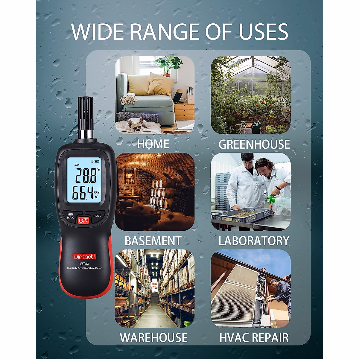 Wintact Digital Temperature and Humidity Meter, Thermometer Hygrometer Monitor with Dew Point and Wet Bulb Temperature, Backlight, Max/Min Value, Data Hold, Store 1000 Group of Data for Indoor Outdoor