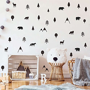 IKEYU Woodland Animals Wall Stickers Mountain Tree Wall Decals Black Vinyl Jungle Stickers Forest Animals Wall Decals for Kids Room Nursery Bedroom Decor