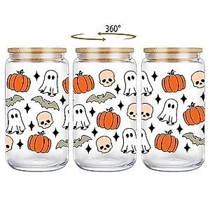 Coolife Halloween Pumpkin Ghost Skull Cups - 16 oz Pumpkins Fall Cup Mug, Can Shaped Tumbler Glass Cups w/Bamboo Lids Straws, Halloween Spooky Cups for Iced Coffee Smoothie, Goth Spooky Gifts for Her