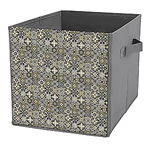 Vintage Portugus Foldable Storage Bins Printd Fabric Cube Baskets Boxes with Handles for Clothes Toys, 11x11x11