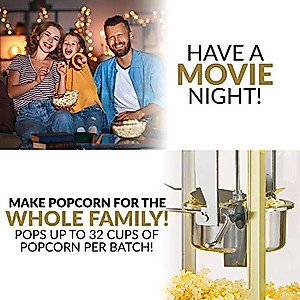 Nostalgia Popcorn Maker Professional Cart, 8 Oz Kettle Makes Up to 32 Cups, Vintage Movie Theater Popcorn Machine with Three Candy Dispensers and Interior Light, Measuring Spoons and Scoop, Black