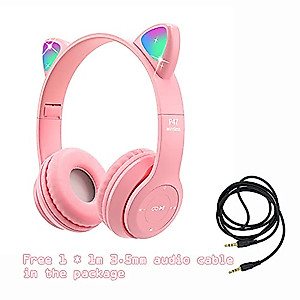 Wireless Cat Ear Headphone, Kids Headphones with Mic&LED Light Up Cat, 85dB Safe Volume Limited, Foldable Kitty Headpones for Online Learning, School, Travel, Tablet, Smartphone - Support 3.5mm Audio