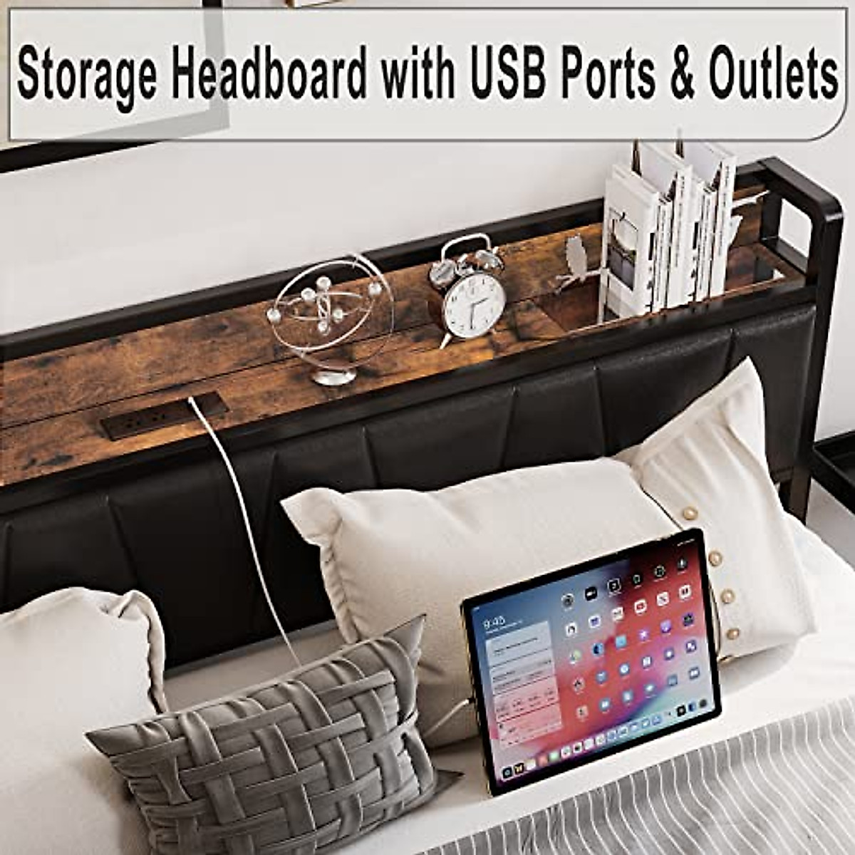 LIKIMIO Queen Bed Frame, Storage Headboard with Charging Station, Solid and Stable, Noise Free, No Box Spring Needed, Easy Assembly (Vintage and Black)