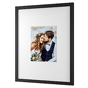 ONE WALL Tempered Glass 16x20 Signature Picture Frame with White Mat Display 8x10 Photo for Wedding, Celebrations and Graduation, Black Wood Frame for Wall Hanging - Mounting Hardware Included