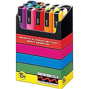 Uni POSCA Paint Marker Pen - Medium Point - Non Alcohol - Odorless Water Resistant Pen Maker - Set of 15 (PC-5M15C) with Original Vinyl Pen case