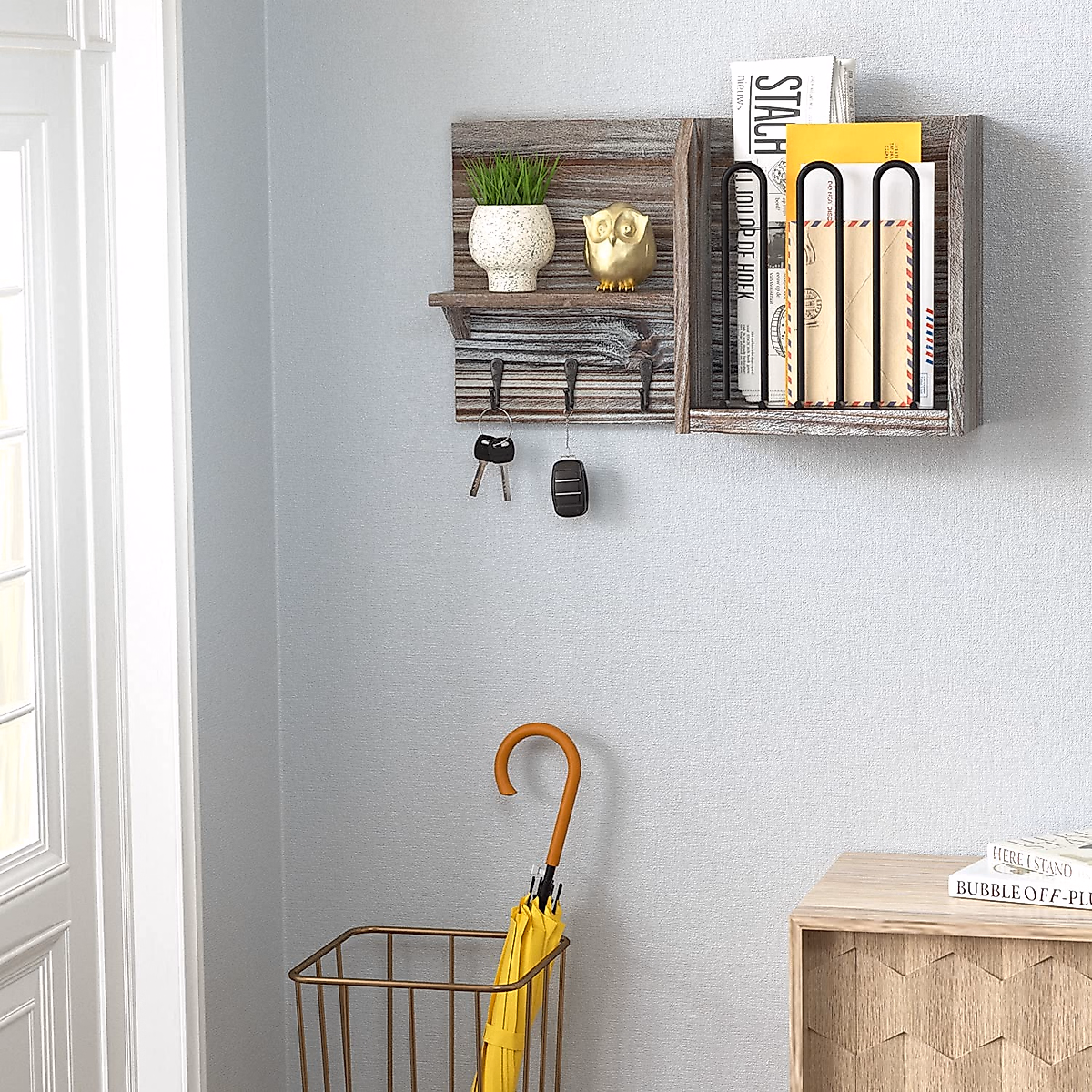 J JACKCUBE DESIGN Wall Mounted Rustic Wood Key & Mail Sorter Organizer with 3 Key Hooks and Shelf - for Entryway or Mud Room – Holds Documents, Bills, Letters, Keys and More- MK232A