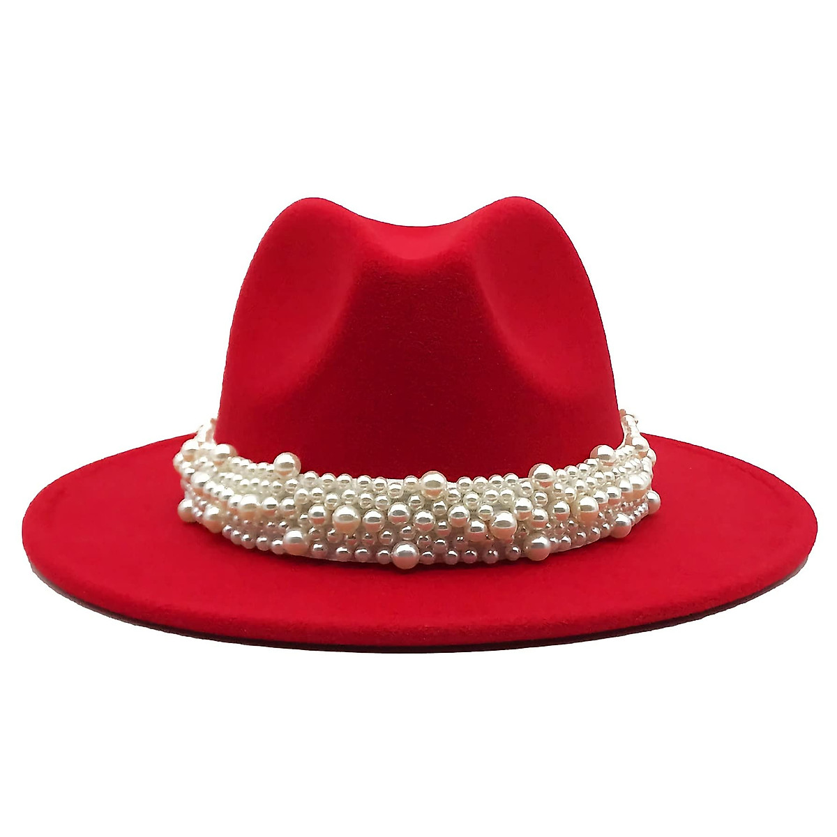 Qkrlamx Black Fedora Hats for Women Wool Panama Hat with Pearl Band Wide Brim Felt Hat Classic Trilby Hat Red