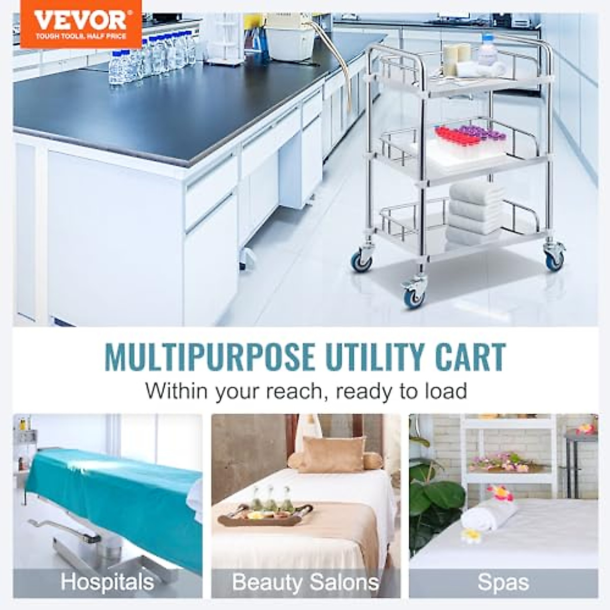 VEVOR Lab Rolling Cart, 3-Shelf Stainless Steel Rolling Cart, Lab Serving Cart with Swivel Casters, Dental Utility Cart for Clinic, Lab, Hospital, Salon, 26.38"x15.55"x34.13"
