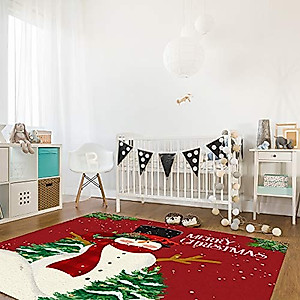 Indoor Area Rug - Welcome Mat Living Room Area Rugs Washable Non-Slip Floor Carpet for Bedroom Farmhouse Dorm (Merry Christmas Snowman Xmas Tree Red, 2'x3')