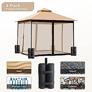 CHARMELEON Gazebo 10x10, Outdoor Gazebo with 4 Sandbags, Double Vented Roof Gazebo with Screen Netting Walls, Waterproof Patio Canopy for Deck, Party & Backyard (Khaki)