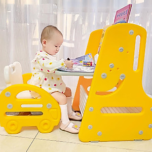 Tiita Kids Art Easel with Stool, 3 in 1 Double-Sided Magnetic Dry Erase Board and Kids Book Rack with Foldable Desktop, Standing Easel with Bottom Storage Shelf, Yellow