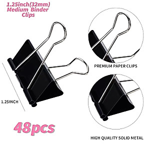 Medium Binder Clips and Paper Clips (48 Pcs) 1.25 Inch,Black Metal Medium Paper Clamps for Office, Home, School