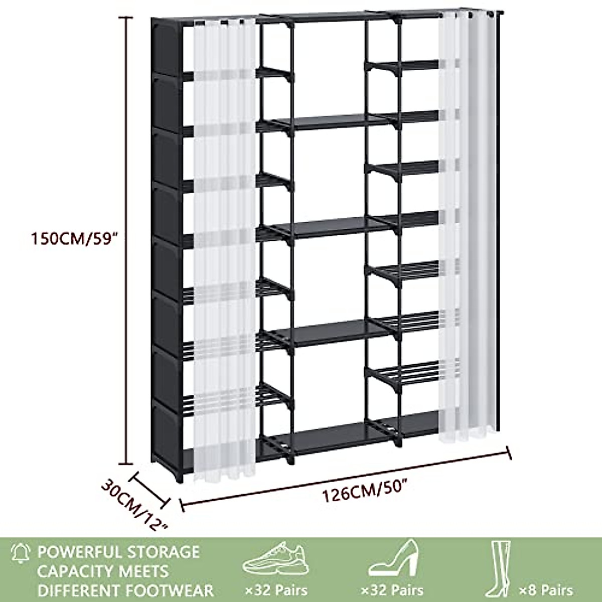 Buzowruil 9-Tier Large Shoe Rack - Metal Shoe Storage Tower with Curtain for Entryway, Holds 50-55 Pairs, Black